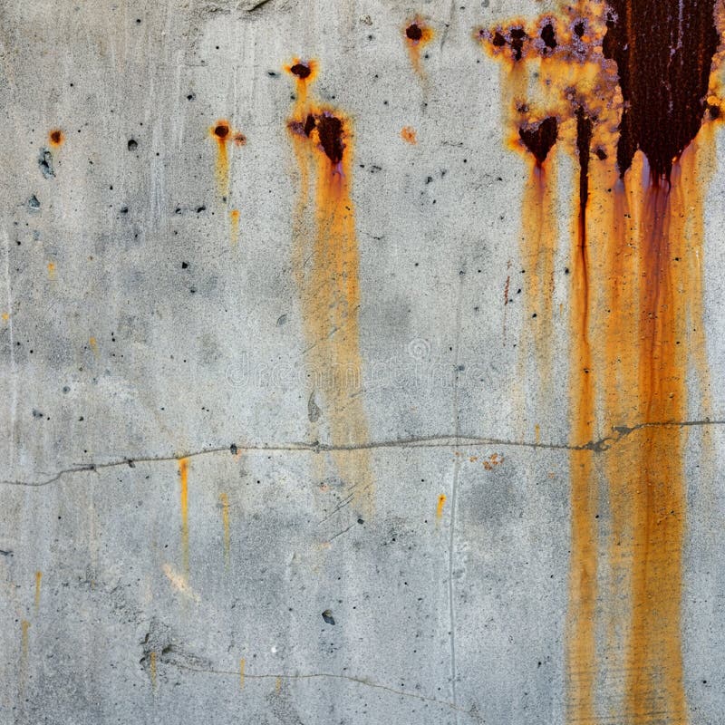 Rusty Streaks Run Down a Gray Concrete Wall, Creating an Irregular ...