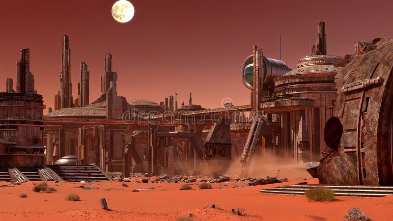 Rusty Structures Form Desert Outpost Harsh Red Planet, Lone Moon Hangs ...