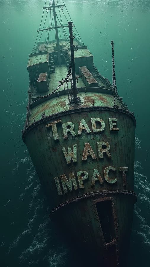 Rusty Sunken Ship with Trade War Impact Text Underwater Stock Photo ...