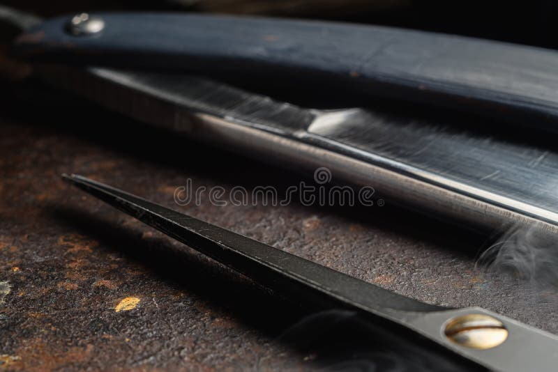 On a Rusty Surface are Old Hairdresser Tools. Hairdressing Scissors ...