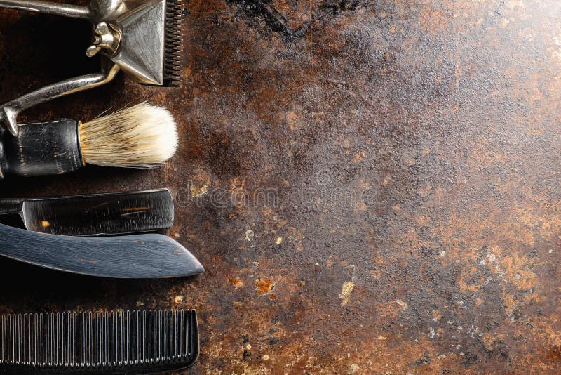 On a Rusty Surface are Old Hairdresser Tools. Manual Clipper, Comb ...