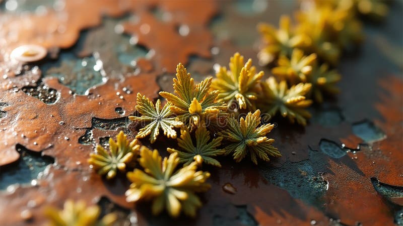 Rusty Surface with Yellow Leaf-Like Moss in Natural Sunlight Stock ...