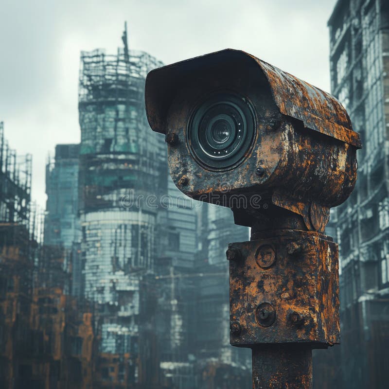 Rusty Surveillance Camera in a Post-Apocalyptic Cityscape Stock ...