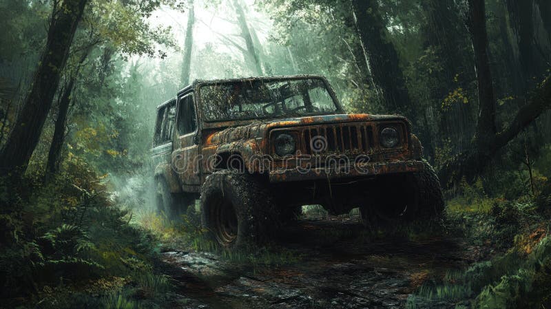 Rusty SUV 4x4 in a Misty Forest at Tropical Siland Stock Photo - Image ...