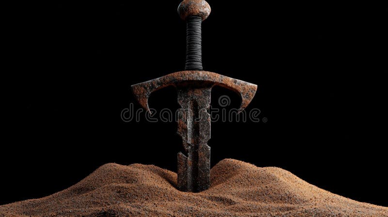 Rusty Sword Embedded in Sandy Terrain Dramatic Lighting on Isolated ...
