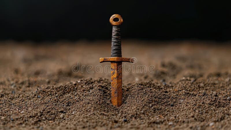Rusty Sword Stuck in Sandy Soil Dramatic Contrast with Dark Background ...