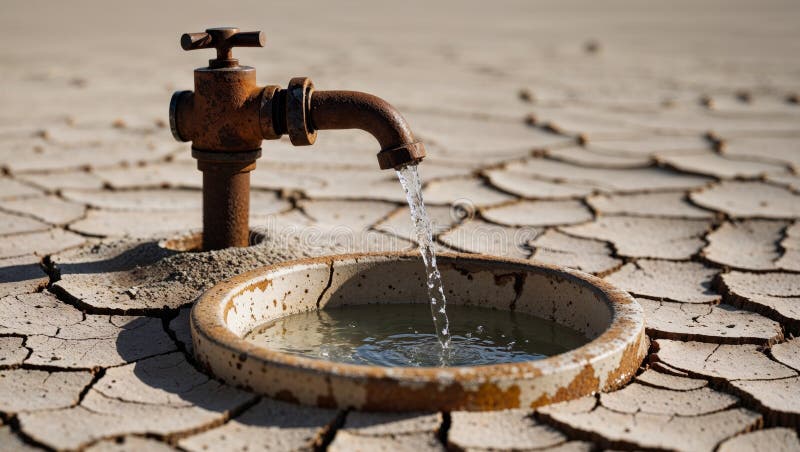 A Rusty Tap Dispensing a Trickle of Water into a Small Basin on Cracked ...