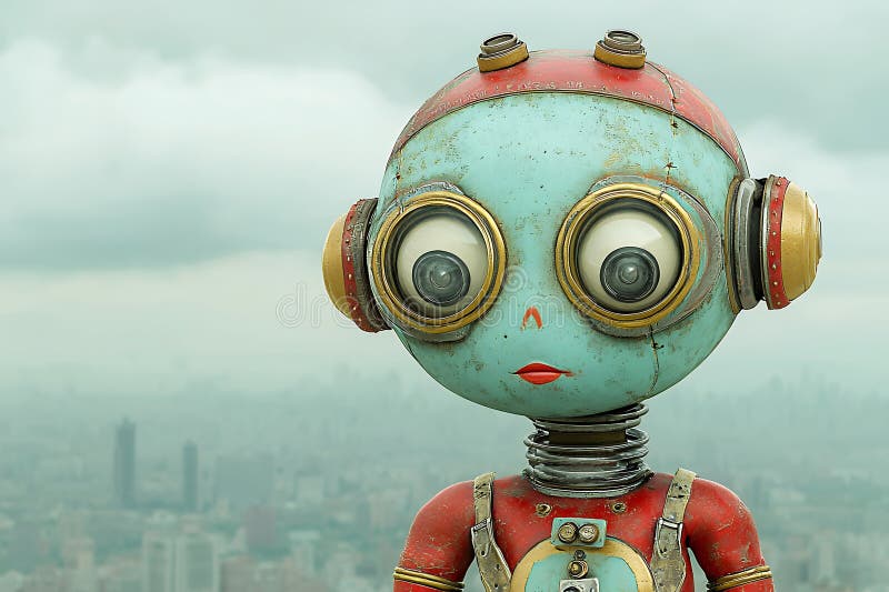 Rusty Teal Robot with Expressive Eyes Against Cityscape - Generative AI ...