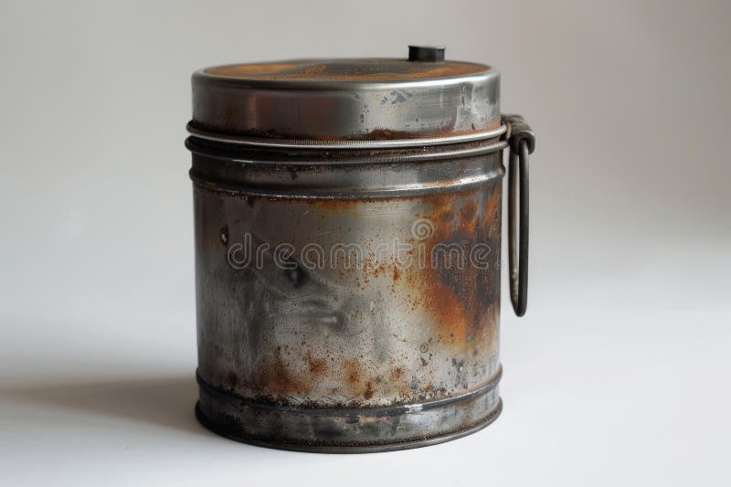 Rusty Tin Container Sitting on White Surface Stock Photo - Image of ...