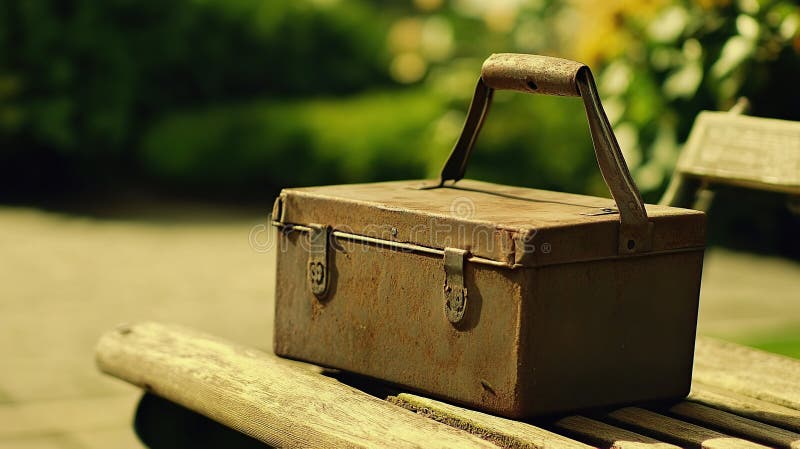 Rusty Toolbox Sits on Park Bench, Garden Background Stock Photo - Image ...