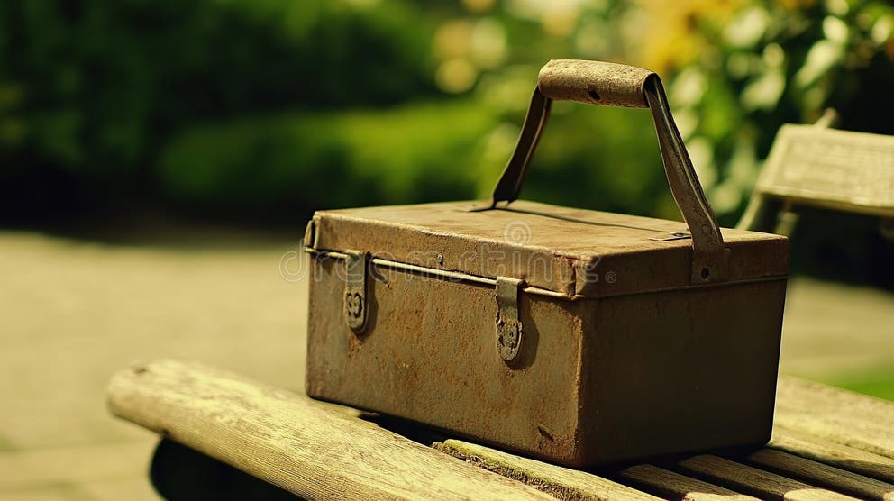 Rusty Toolbox Sits on Park Bench, Garden Background Stock Photo - Image ...