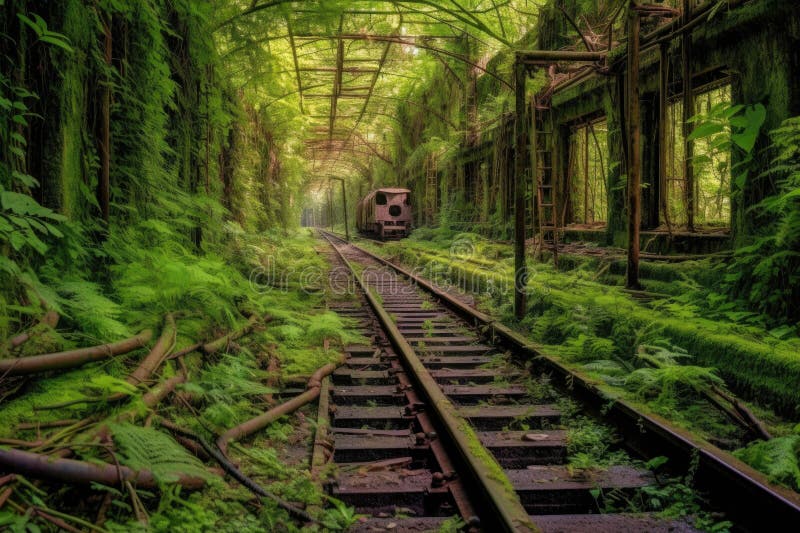 Rusty Tracks Curving through a Lush Forest Stock Illustration ...