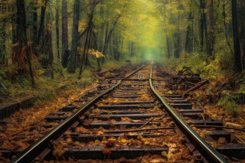 Rusty Tracks Disappearing into Dense Forest Stock Illustration ...