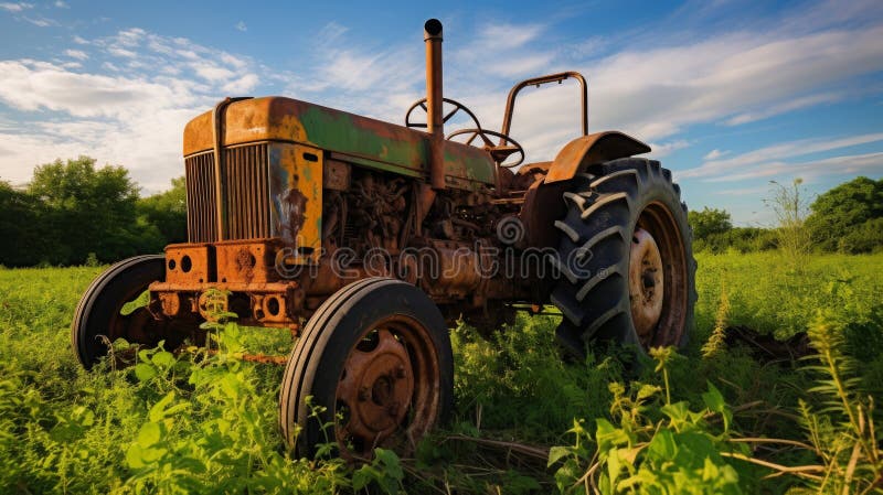 Rusty Tractor Idle in Overgrown Field Under Open Sky Stock Illustration - Illustration of grass ...