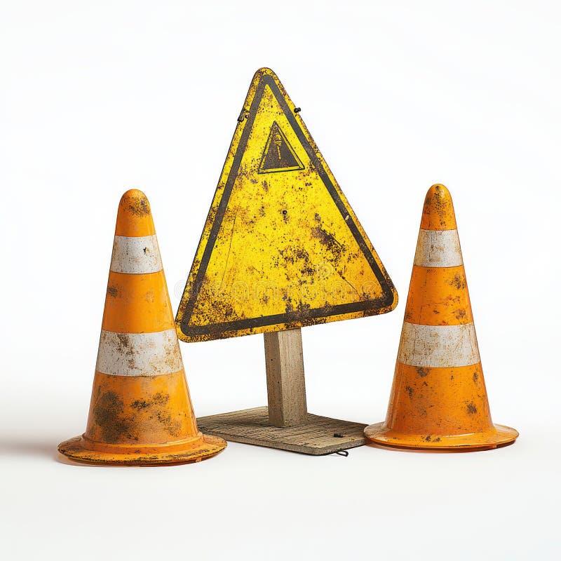 Rusty Traffic Cones and Warning Sign Roadwork Safety Construction Stock ...