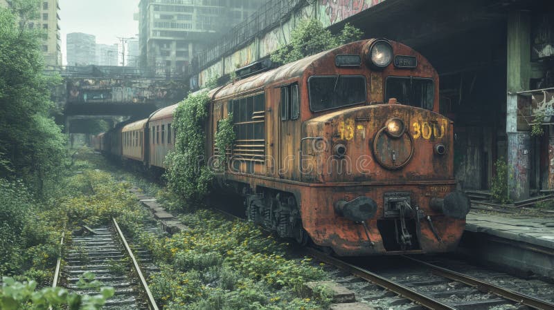 Rusty Train Engine Parked on Overgrown Railroad Tracks Stock ...