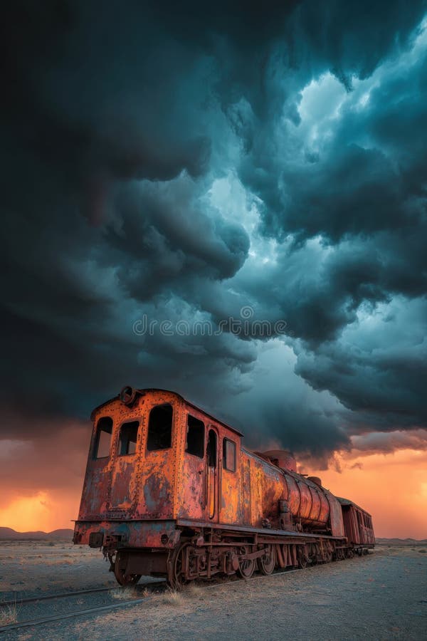 Rusty Train Under a Dramatic Sunset Sky Stock Illustration ...