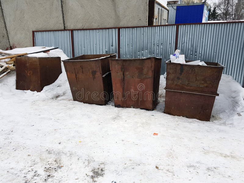 Rusty Trash Cans on the Snow in Winter Stock Image - Image of container ...