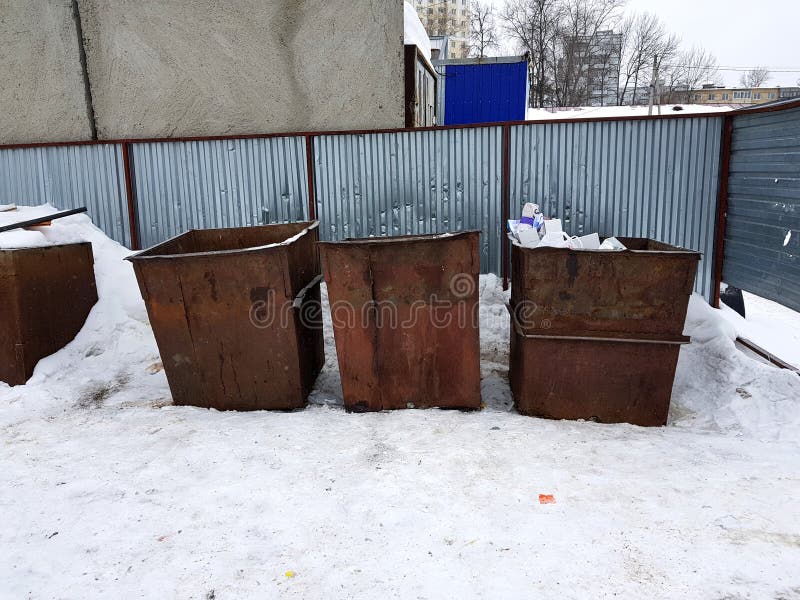 Rusty Trash Cans on the Snow in Winter Stock Image - Image of waste ...