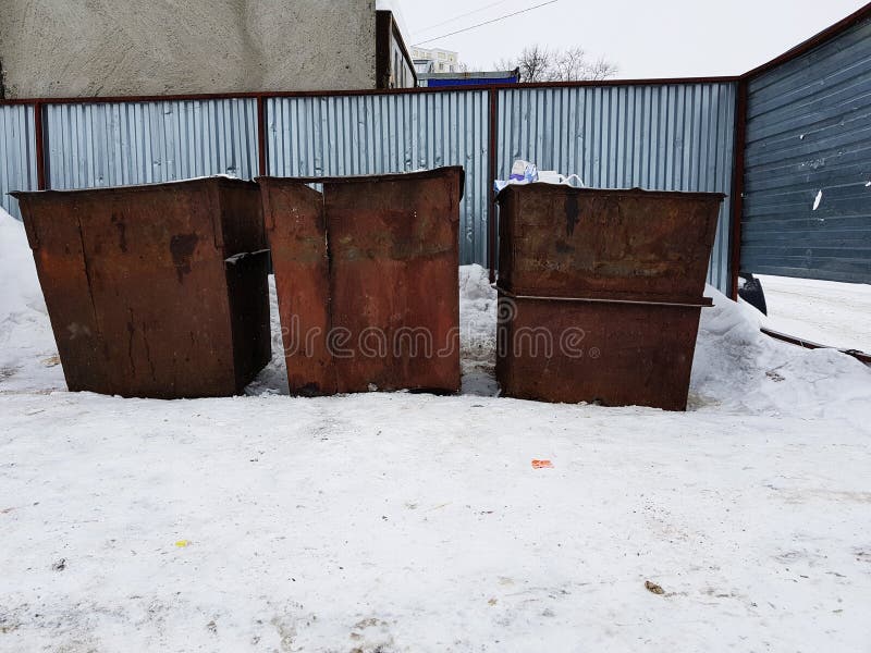 Rusty Trash Cans on the Snow in Winter Stock Image - Image of metal ...