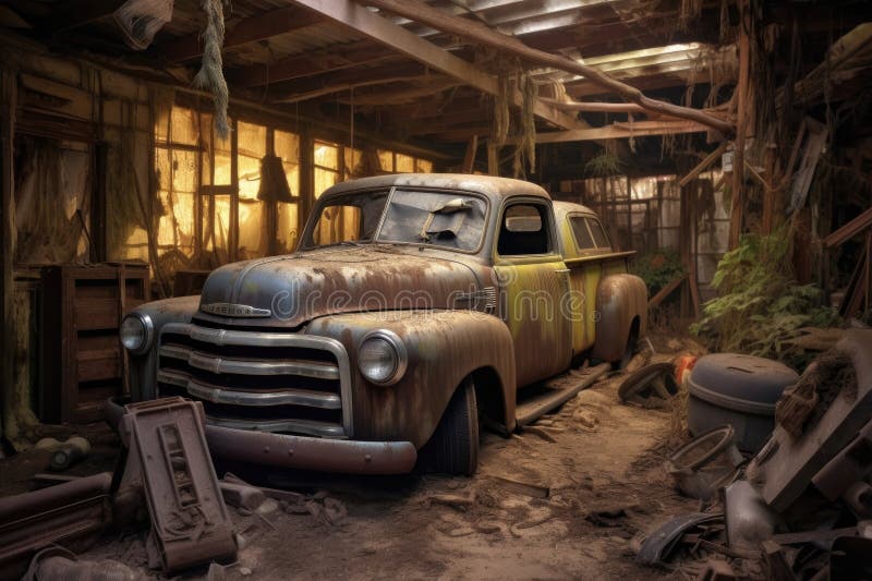 Rusty Truck Cabin in Decaying Garage Stock Illustration - Illustration ...