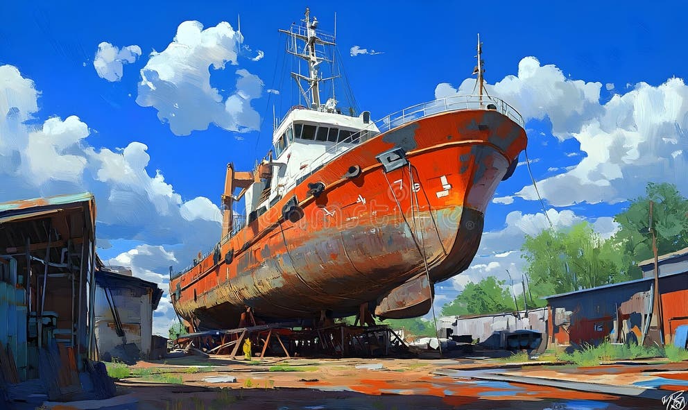 Rusty Shipyard Under Blue Skies Stock Illustration - Illustration of ...