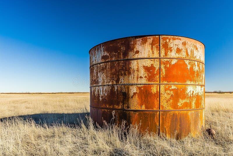 Rusty Unused Water Tank Standing in an Open Field Under a Clear Blue ...
