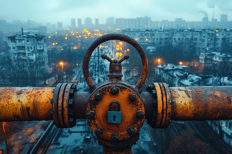 Rusty Valve with a Lock on it is Shown in Front of a City Skyline Stock ...