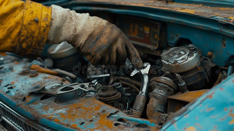Rusty Vehicle Engine Repair Gloved Hand Working Stock Image - Image of ...