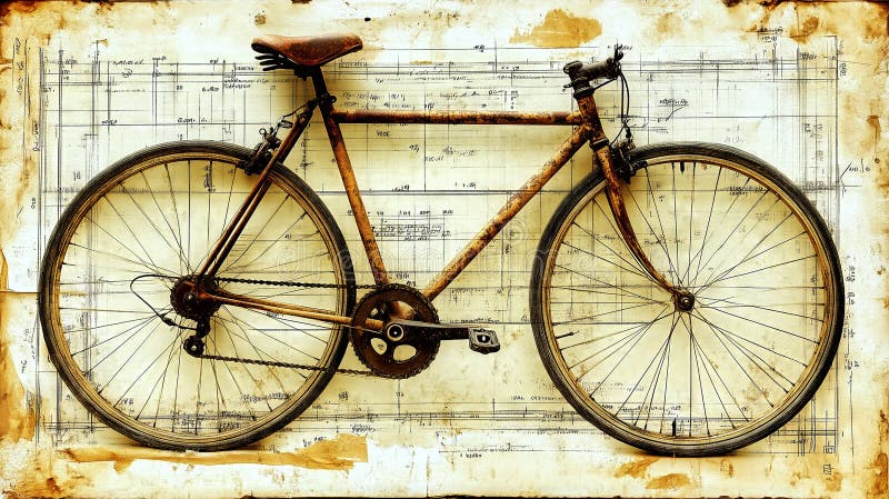 Rusty Vintage Bicycle Hanging on Blueprint Background Representing ...