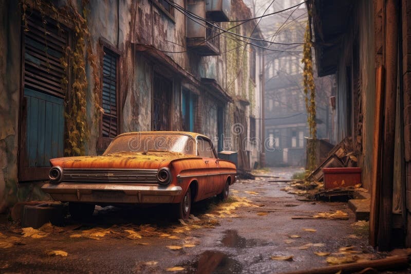 Rusty Vintage Car in a Deserted Alley Stock Photo - Image of generated ...