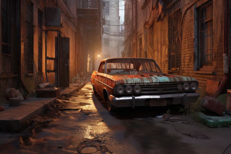 Rusty Vintage Car in a Deserted Alley Stock Illustration - Illustration ...