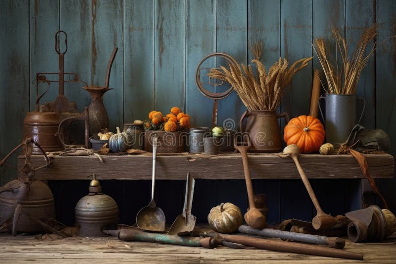 Rusty Vintage Farm Tools Arranged on Wooden Table Stock Illustration ...