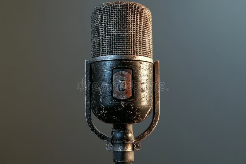 Rusty Vintage Microphone Transmitting on Plain Gray Background, Evoking ...