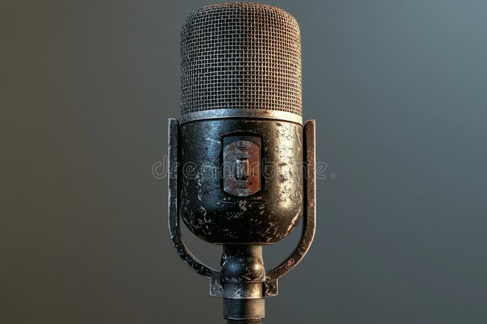 Rusty Vintage Microphone Transmitting on Plain Gray Background, Evoking ...