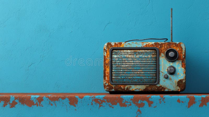 Rusty Vintage Radio on a Blue Wall Nostalgic Retro Decor Stock ...