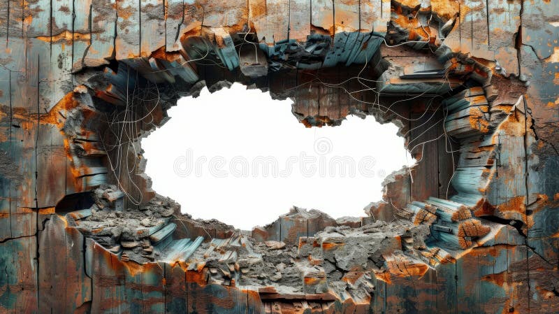 Rusty Wall with a Large Hole Revealing a Bright White Background in an ...