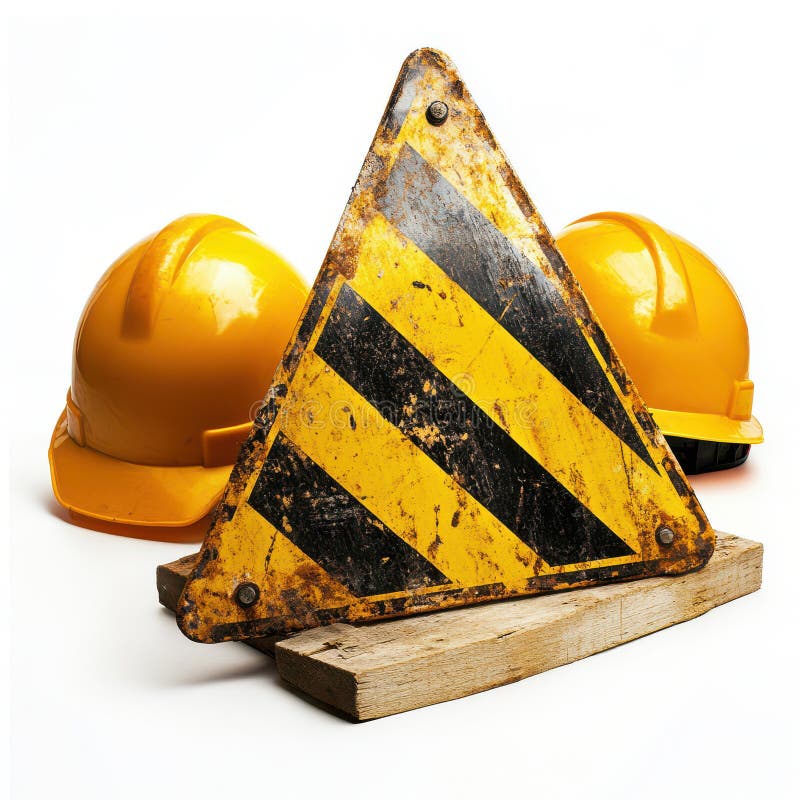 Rusty Warning Sign with Yellow Hard Hats Construction Safety Work Zone ...