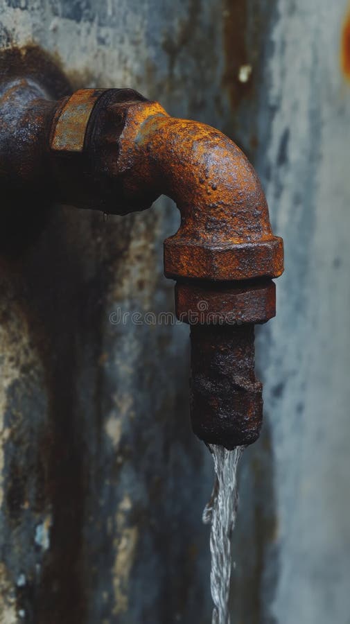 Rusty Water Pipe with Flowing Water Against a Weathered Wall, Decay and ...