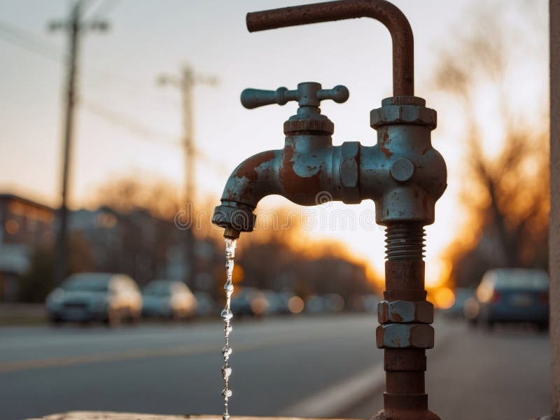 A Rusty Water Tap Drips Slowly in an Urban Setting at Sunset ...