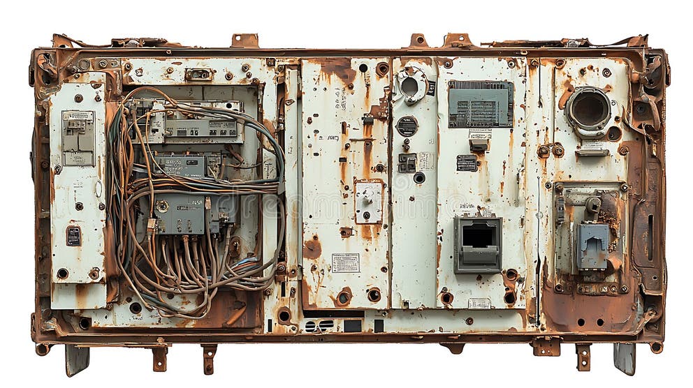 Rusty and Weathered Electrical Panel with Exposed Wiring and Components ...