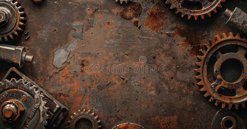 On a Rusty, Weathered Metal Surface, Various Sized Gears and Cogs are ...