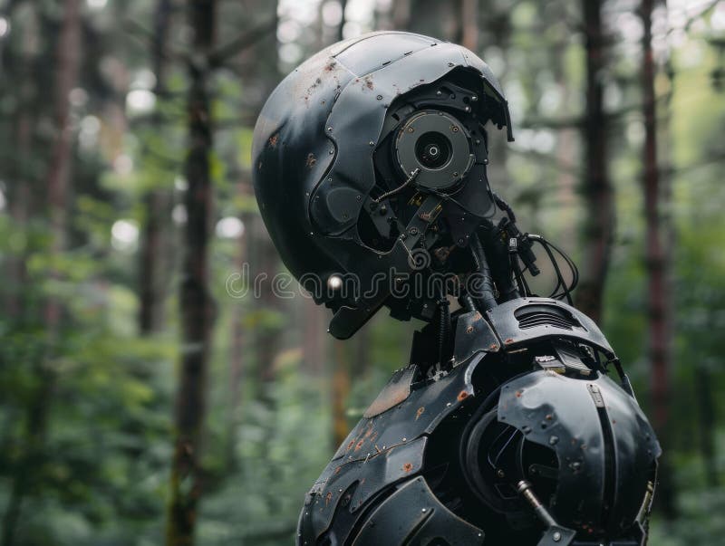 A Rusty, Weathered Robot Stands in a Lush Forest, Symbolizing the ...