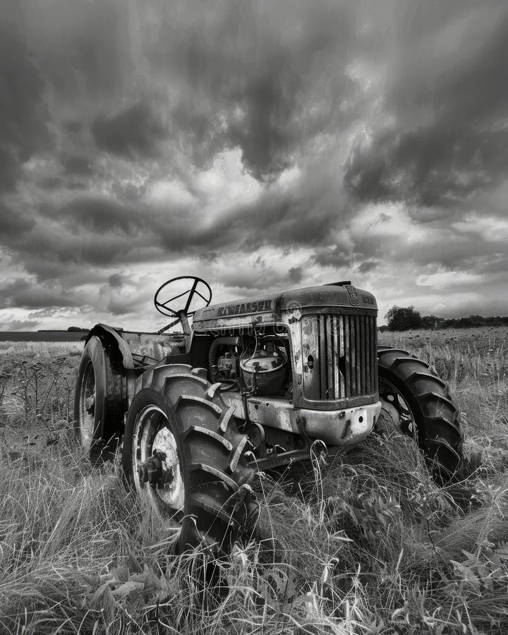 A Rusty Weathered Tractor Abandoned in a Field. Black and White Art ...