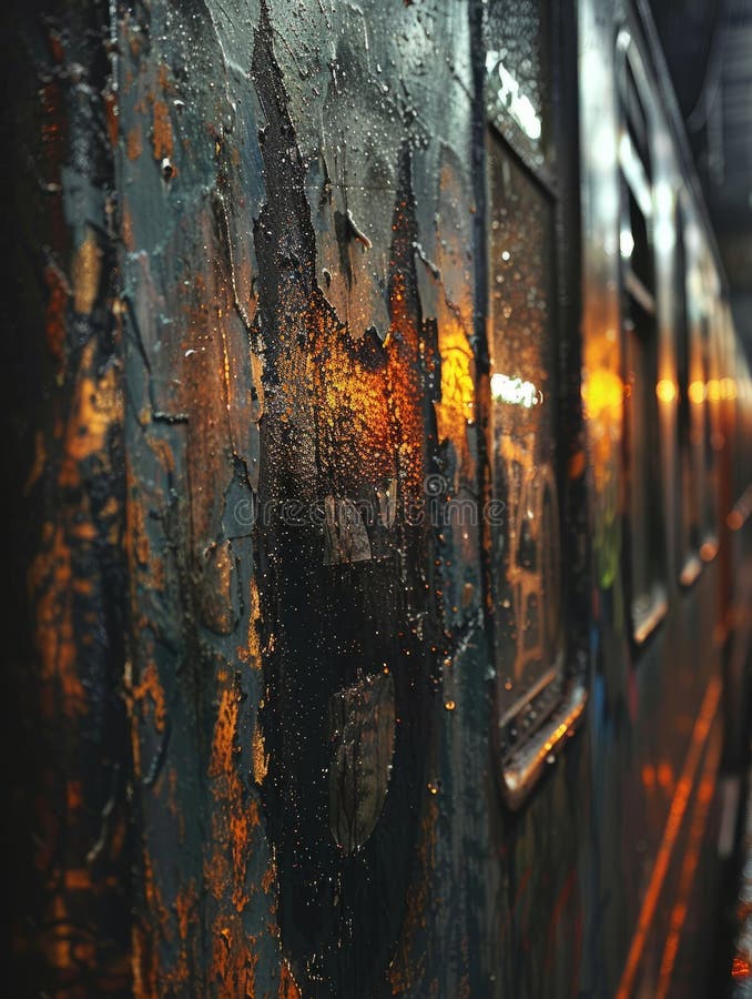 Rusty, Weathered Train with Sunset Reflection on Urban Railway. Stock ...