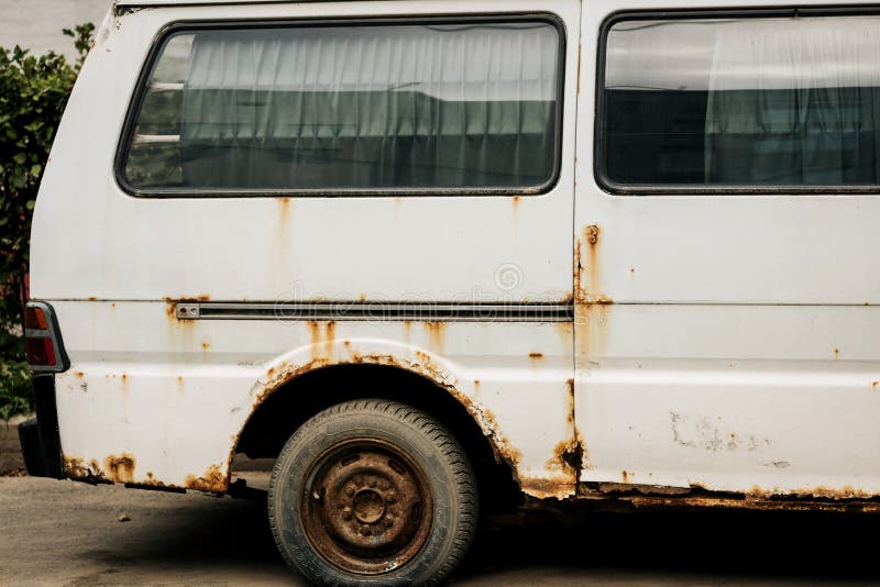 Rusty white minibus stock image. Image of city, automotive - 228543037