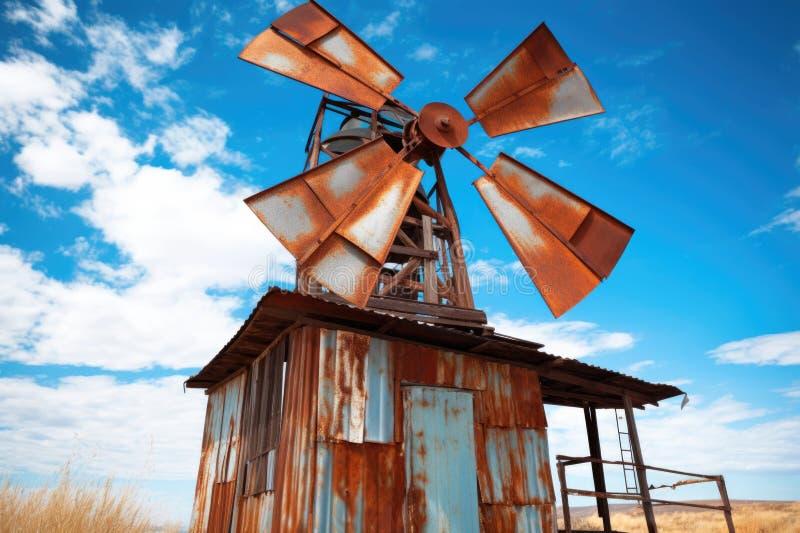 Rusty Windmill Against Blue Sky Backdrop Stock Image - Image of energy ...