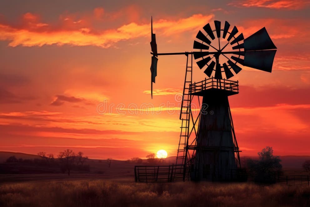 Rusty Windmill Silhouette Against Sunset Stock Photo - Image of dusk ...