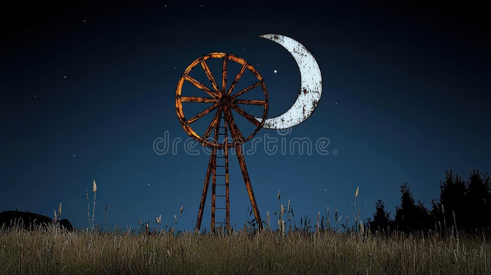 Rusty Windmill Silhouetted Against a Night Sky with a Crescent Moon ...