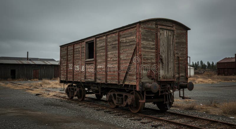 Rusty Wooden Train Wagon in Abandoned Railroad Yard Stock Illustration ...